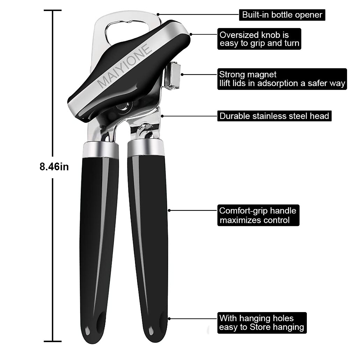 MAIYIONE - Can Opener Manual, Safe Cut Can Opener handheld, No-Trouble-Lid-Lift Can Opener with Magnet, Built in Bottle Opener, Stainless Steel Sharp Blade, Heavy Duty and Easy to Use Large Turn Knob