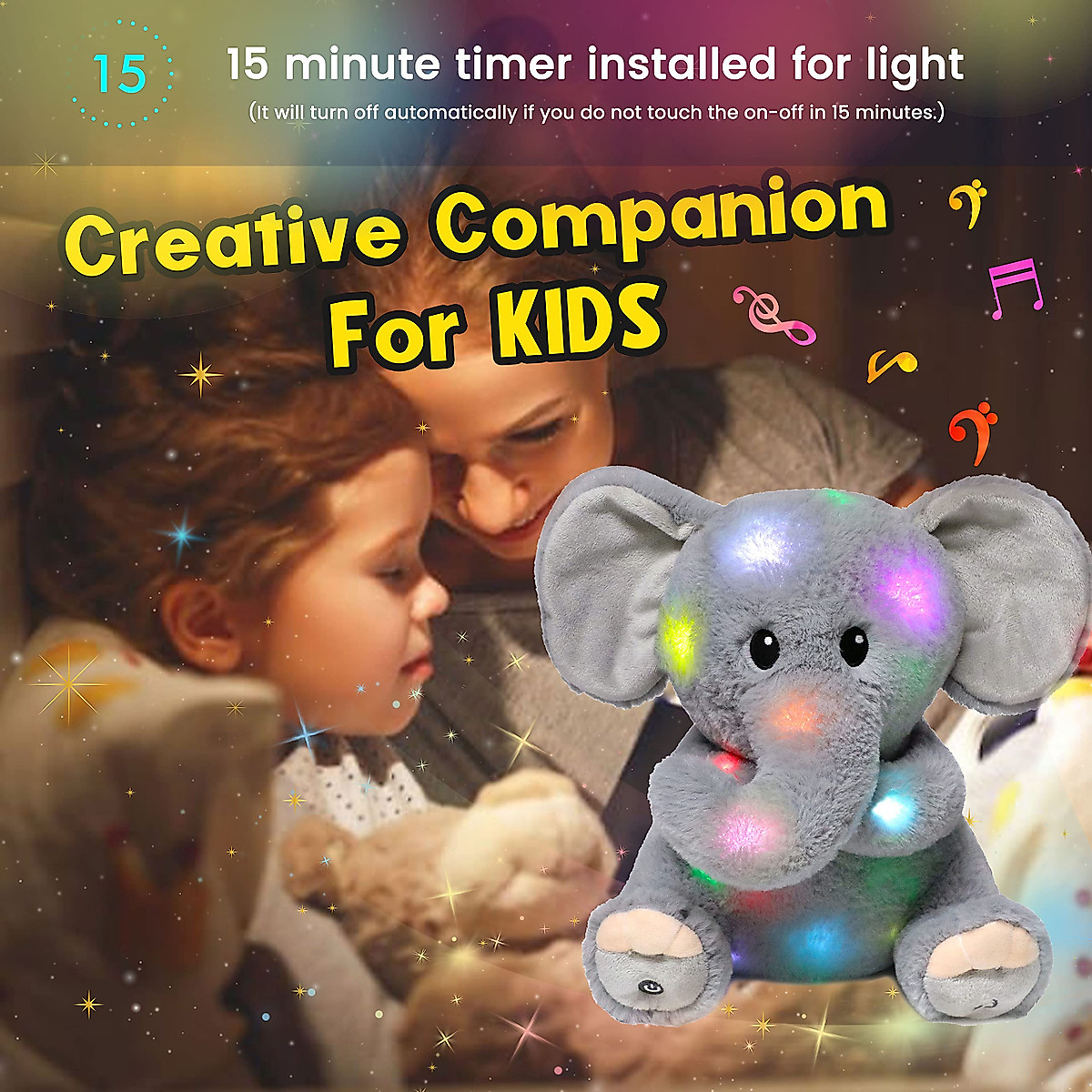 Hopearl LED Musical Stuffed Elephant Lighting Up Singing Plush Toy Adjustable Volume Lullaby Animated Soothe Birthday Festival for Kids Toddler Girls, Gray, 11''