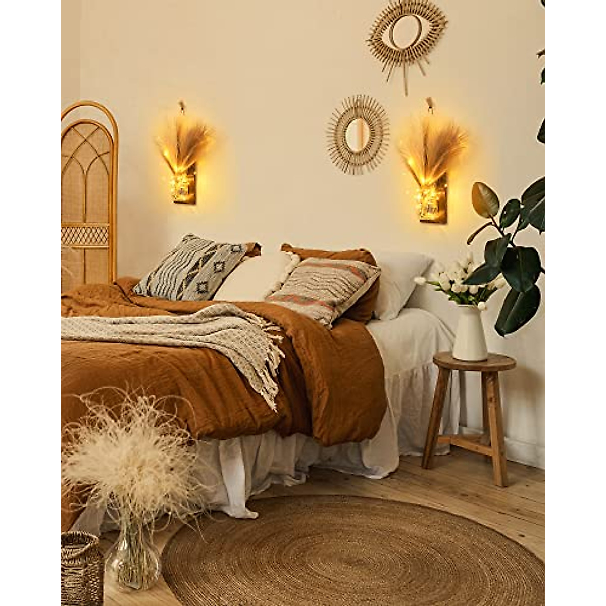 Mason Jar Wall Decor with LED Lights, JACKYLED Rustic Mason Jar Sconces with 12 PCS Faux Pampas Grass, Wall Art Decor for Boho Home Decor, Farmhouse, Bedroom, Kitchen, Living Room Hallway Decorative