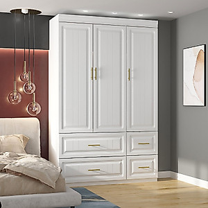 AIEGLE 3-Door Armoire Wardrobe Closet with Drawers, White Coat Closet with Doors, Modern Tall Wardrobe Cabinet Closet with Hanging Rod for Bedroom, Freestanding, White, 20.6" D x 47.2" W x 74.2" H