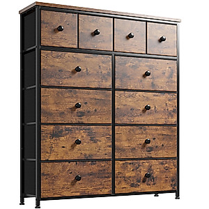 EnHomee Dresser,12 Drawer Dresser for Bedroom Fabric Dressers & Chests of Drawers for Bedroom, Living Room,Wood Top Metal Frame, Rustic Brown
