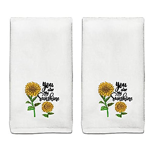 Hexagram Sunflower Hand Towels Set of 2-Embroidered Sunflower Kitchen Decor-100% Cotton Soft Luxury Decorative Hand Towel for Bathroom-Housewarming Gifts Sunflower Bathroom Towels 13.8 x 29.5 Inch