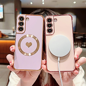 JFWEN Magnetic Phone Case for Samsung Galaxy S22 Plus Case Compatible with MagSafe Cute Love Heart Shockproof Full Camera Lens Protection Soft Back Cover for Galaxy S22 Plus 5G 6.6''-Pink