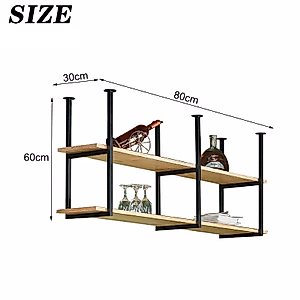 Ceiling Shelf, Floating Shelves Kitchen Storage Wine Rack, Industrial Ceiling Mount Shelf 2 layer, Wine bottle, Wine Glass, Dish Storage Rack, for Restaurant, Bar, Kitchen (31.5×11.8×23.6in, Black)