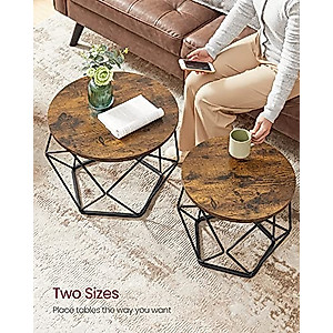 VASAGLE Small Coffee Table Set of 2, Round Coffee Table with Steel Frame, Side End Table for Living Room, Bedroom, Office, Rustic Brown and Black