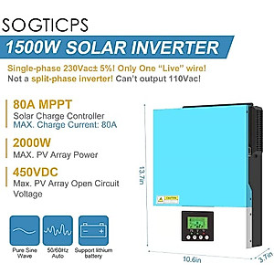 SOGTICPS 1500W Solar Hybrid Inverter 12V AC230V Off-Grid Pure Sine Wave Inversor 80A MPPT Solar Charger,PV 130-430V in Support WiFi
