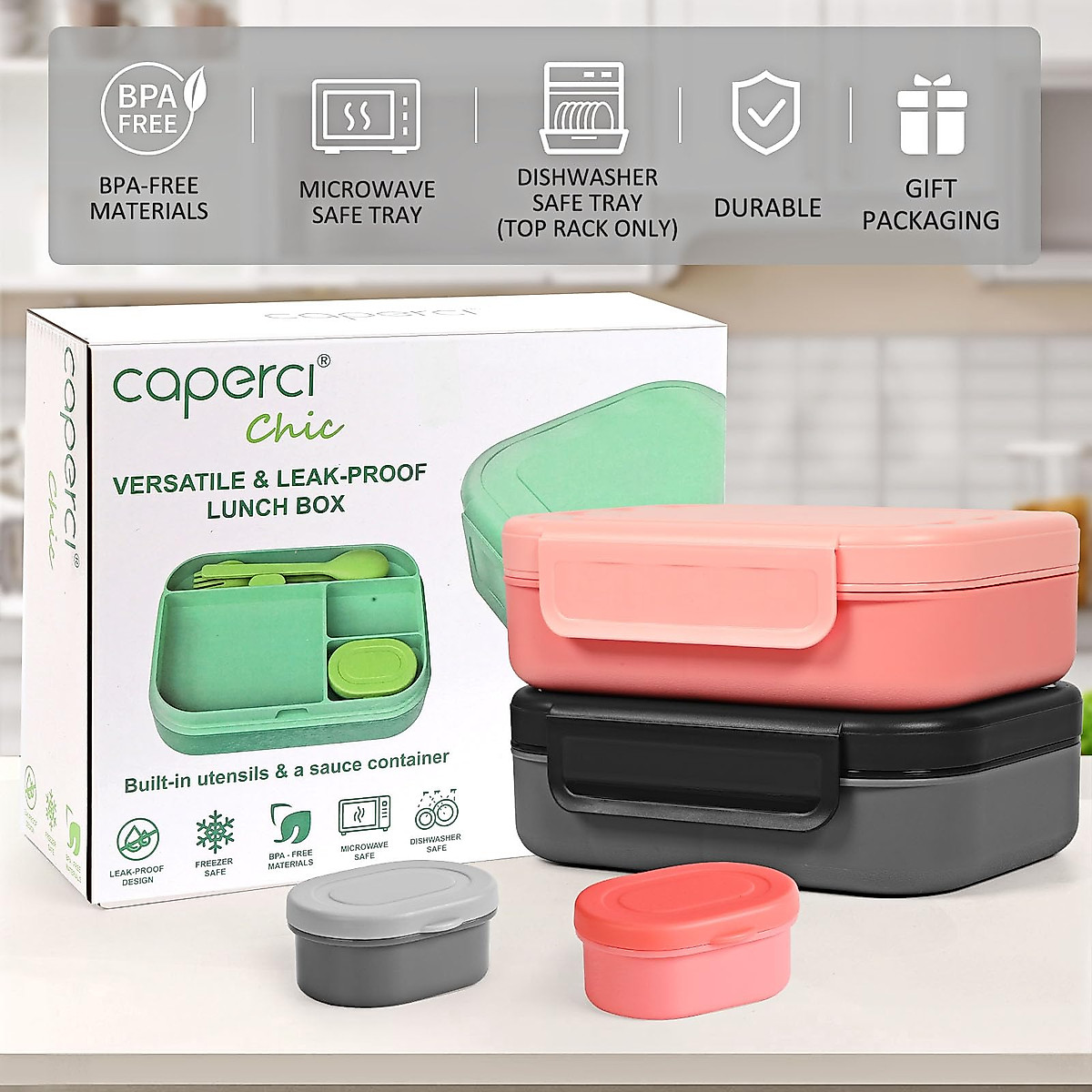 Caperci Bento Box Adult Lunch Box - Stackable Leakproof 47oz Lunch Containers for Adults with Sauce Container - Idea for Office, On-the-go, Microwave/Dishwasher Safe, BPA Free (Black)