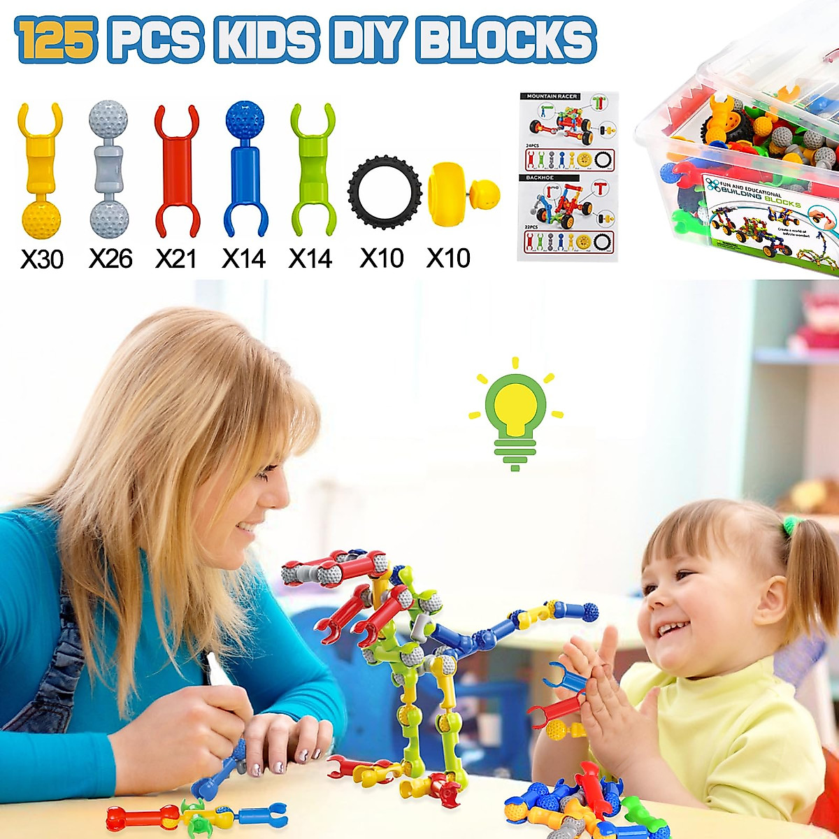 Stem Kids Building Toys for Ages 6-8 Boys Girls, 125 PCS Building Blocks Games for Boys 3-5, Educational Learning Toys for 3 4 5 6 7 8 Year Old, with Large Storage Box, Ideal Christmas Birthday Gifts