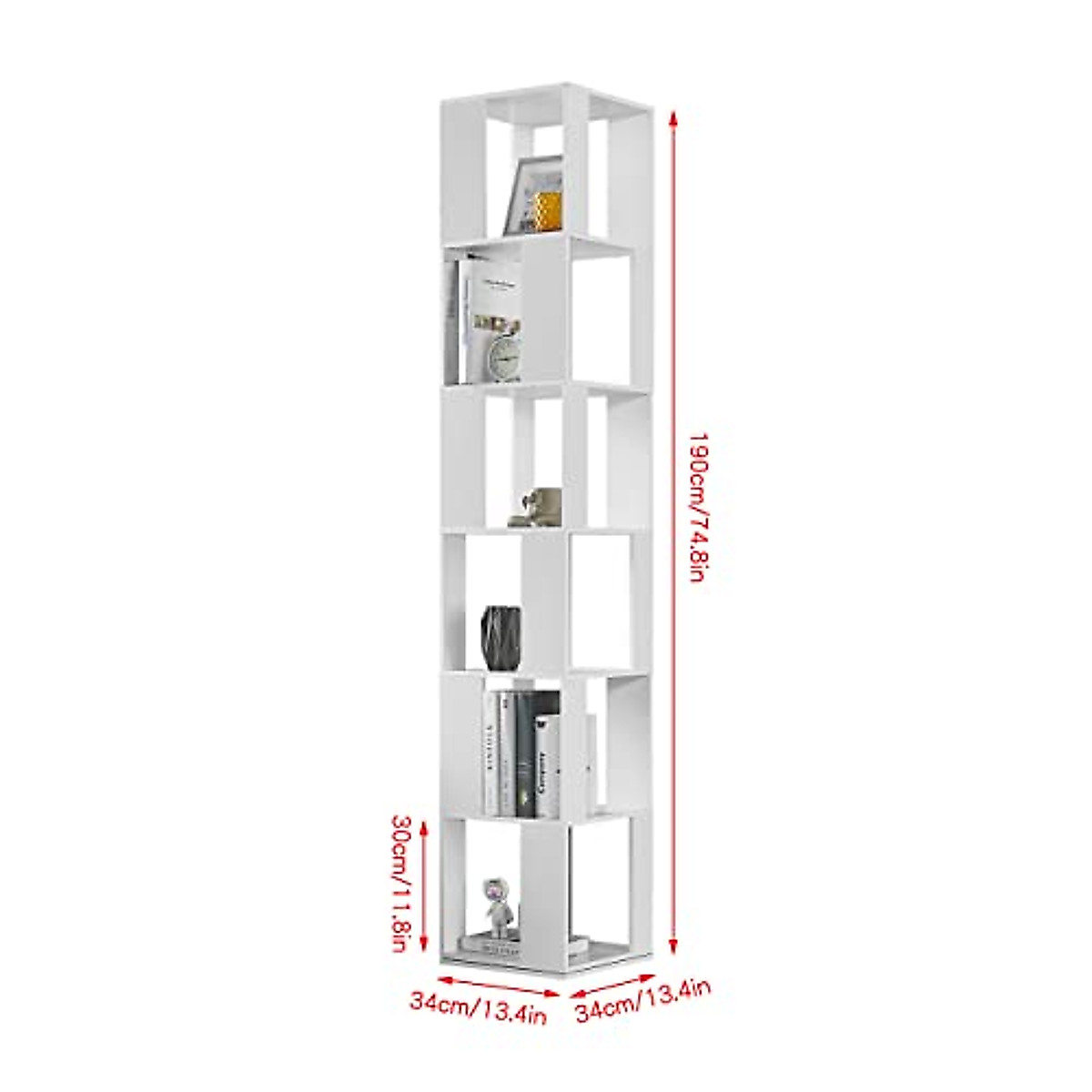 QIHANG-US 6 Tier Wooden Bookcase Corner Tall Book Shelf Modern 360° Rotating Storage Display Rack Floor Standing Shelves with Open Design Shelving Unit for Home Office Living Room Study, White