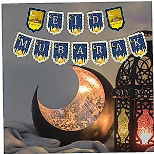 Froiny Eid Mubarak Bunting Banner Blue Muslim Islamic Decorations with Star and Moon Garlands for Ramadan Kareem Party Supplies