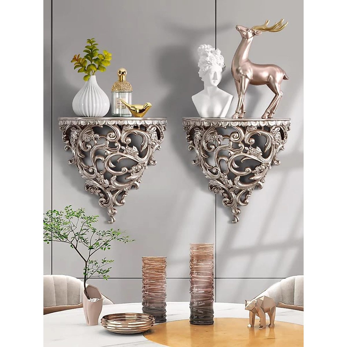 OKJHFD Floating Shelves Wall Hanging Shelves Storage Racks European Style Installation Baroque Style Hollow Decoration Shelves Unique Art Elements Home Living Room Decorations