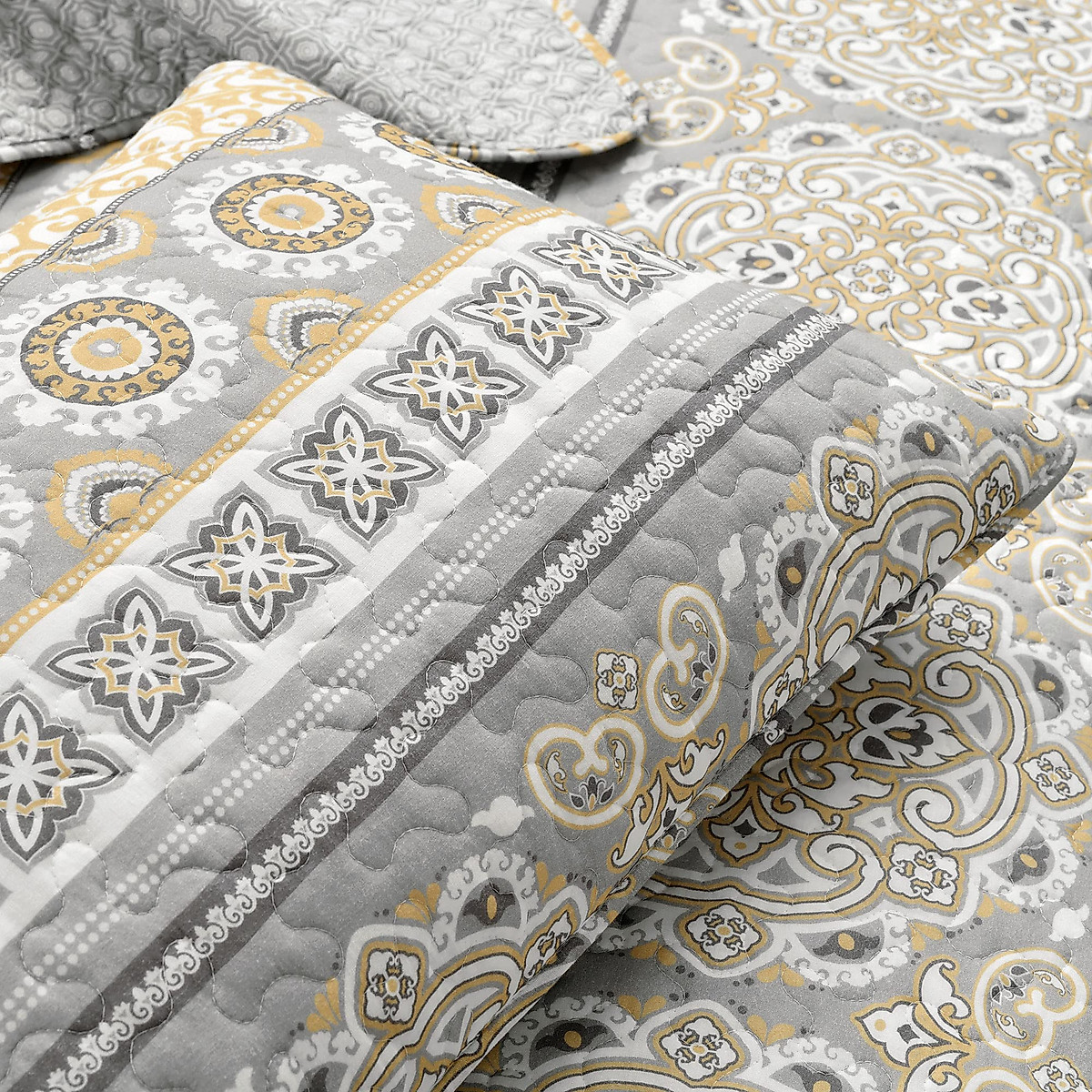 Lush Decor Nesco Stripe Reversible Cotton 3 Piece Quilt Set, King, Yellow & Gray