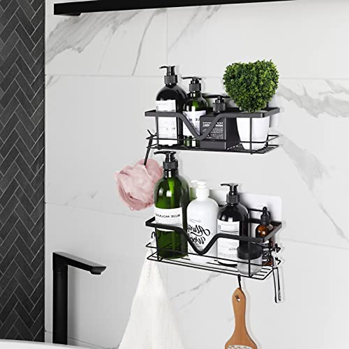 SIXDOVE Shower Caddies 2 PACK - No Drilling Adhesive Shower Organizer with Hooks, Rustproof SUS304 Stainless Steel Bathroom Shower Shelf, Shower Rack Large Shower Holder & Kitchen Storage(Matte Black)