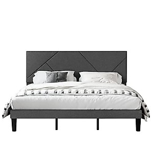 SHA CERLIN King Size Upholstered Bed Frame with Geometric Headboard, Heavy-Duty Platform Bed Frame with Wood Slats Support, Mattress Foundation, No Box Spring Needed, Easy Assembly, Dark Grey
