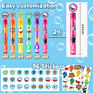 24PCS Gone Fishing DIY Bubble Wands Party Favors 96PCS Stickers for Goodie Bag Fillers Pinata Stuffers, Mini Bubble Bulk Birthday Party Supplies Toys Gifts Class Prizes for Toddlers Boys Girls
