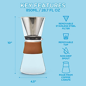 GROSCHE Amsterdam Glass Pour Over Coffee Maker - Single Cup Manual Dripper Brewer w/Removable Glass Top & Permanent Stainless Steel Filter - 27.6 fl oz - Ideal for Home, Camping, & On-the-Go Brewing