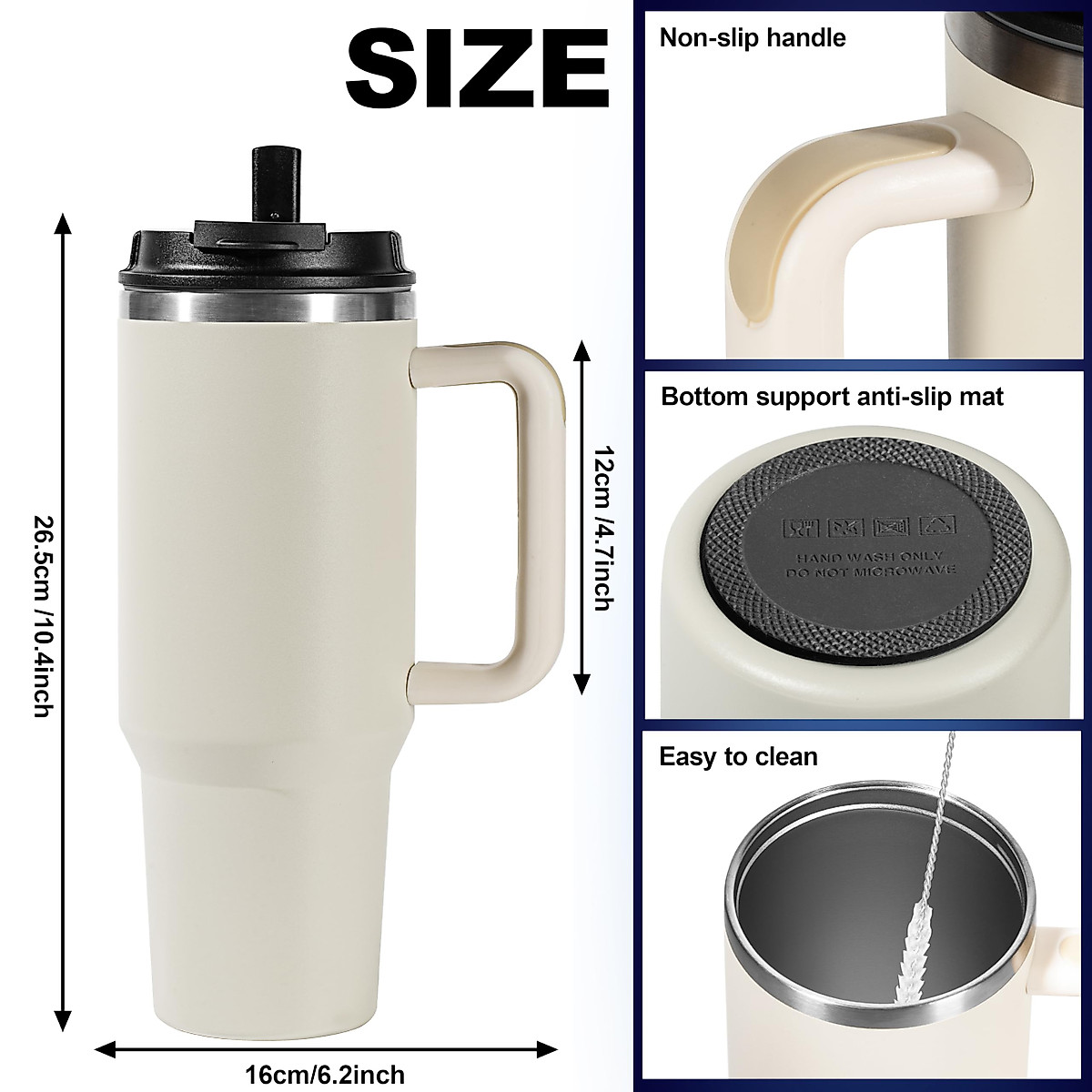 Klickpick Home 40 Ounce Stainless Steel Vaccum Insulated Thermal Tumbler With Handle Lid 2 straws, Reusable Travel Coffee Mug Cup Cupholder friendly, Keeps cold for 30 H, 100% Leakproof (Cream)