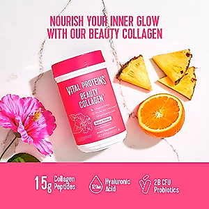 Vital Proteins Beauty Collagen Peptides Powder Supplement for Women, 120mg of Hyaluronic Acid - 15g of Collagen Per Serving - Enhance Skin Elasticity and Hydration - Tropical Hibiscus - 9.6oz Canister