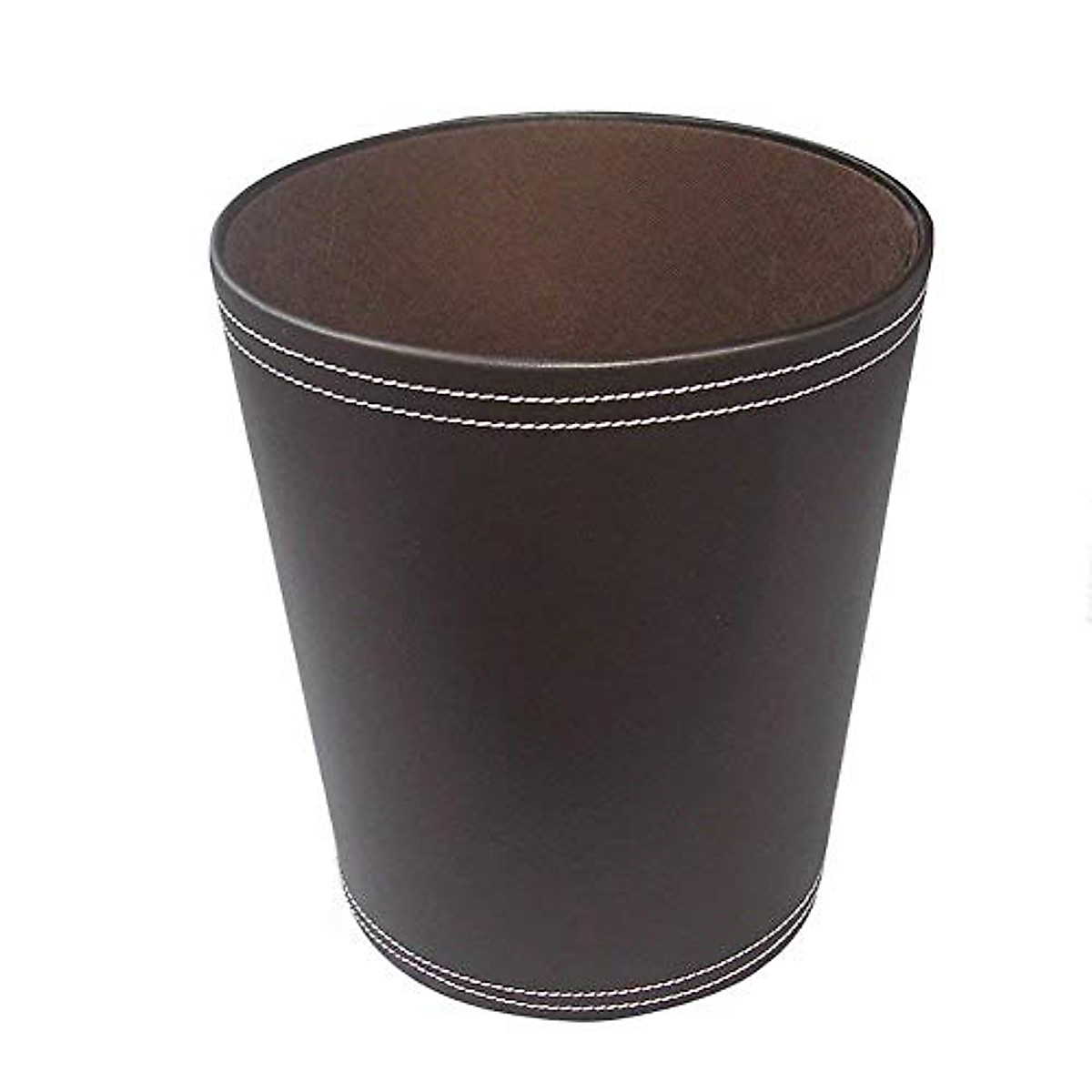 KINGFOM Classic Pu Leather Trash Can Wastebasket, Garbage Container Can for Bathrooms, Powder Rooms, Kitchens, Home, Office and and High Class Hotel Round Brown