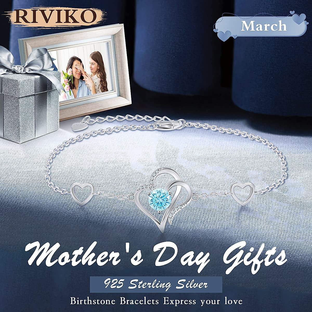 RIVIKO Love Heart Charm Bracelet For Women 925 Sterling Silver With Zirconia Birthstone Bracelets Adjustable Link for Mother Wife Girls Sister Birthday Christmas Mother's Day Jewelry Gift, Sterling