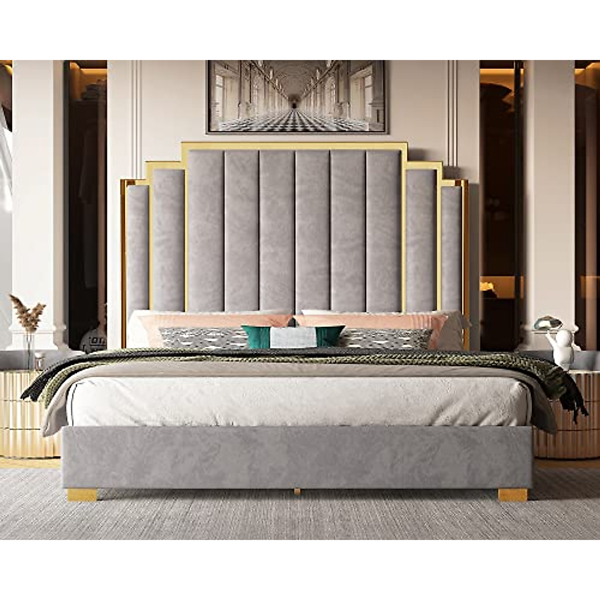 Albott King Size Platform Bed Frame, 65" Velvet Upholstered Bed with Gold Trim Headboard/Wooden Slats/No Box Spring Needed/Grey