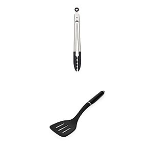 KitchenAid Silicone Tipped Stainless Steel Tongs, 10.26 Inch, Black & KitchenAid Classic Slotted Turner, One Size, Black 2, 13.66-Inch
