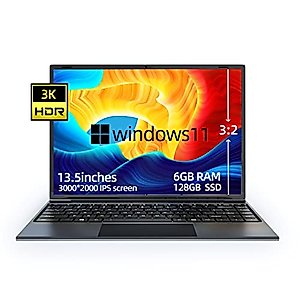 Windows 10 Laptop, 13.5" 3K (3000 x 2000) 3:2 IPS Display Celeron N4020 Quad Core, 6GB RAM 128GB SSD, Mini & Light Notebook PC, Backlit Keyboard, Webcam, Type C, Finger Print, Office