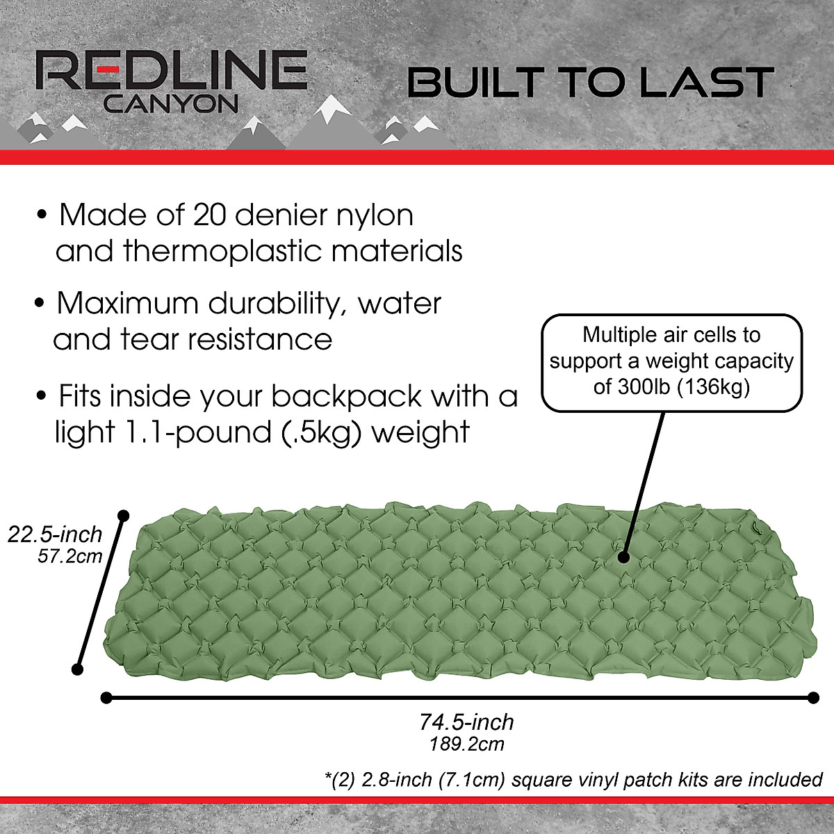 Redline Canyon Camping Sleeping Mat - 1.1lb Green Inflatable Camping Pad Backpacking Air Mattress Sleeping Bag Camp Pad