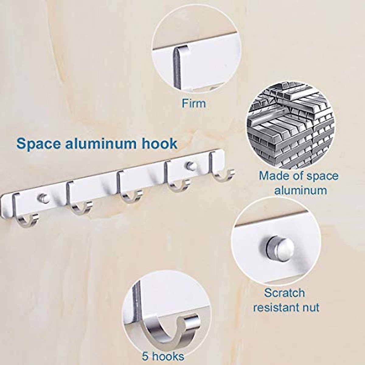 Qiningxia Space Aluminum Hooks Bar Coat Hat Clothes Robe Holder Rack 5 Hooks Wall Hanger, Silver