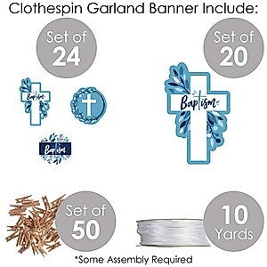 Big Dot of Happiness Baptism Blue Elegant Cross - Boy Religious Party DIY Decorations - Clothespin Garland Banner - 44 Pieces