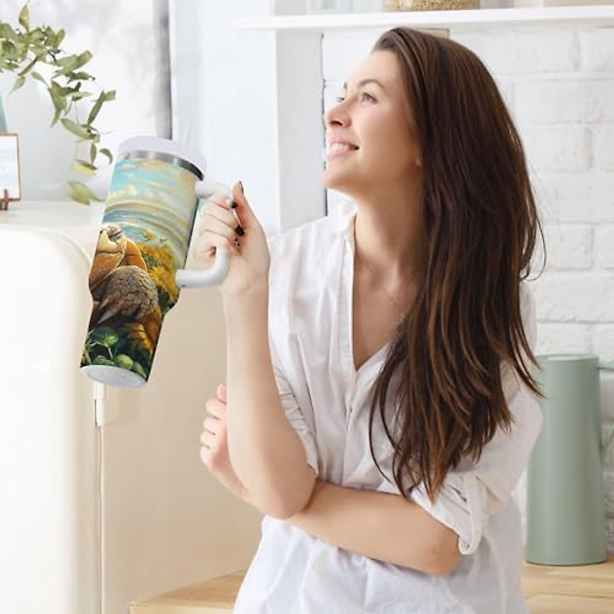 Slewiaeky Tumbler with Handle 40 oz Turtle Ocean Kawaii Travel Mug with Lid and Straw Sunflower Stainless Steel Vacuum Insulated Water Bottle Cup for Iced Tea Coffee Cold Beverages Cup Holder Friendl