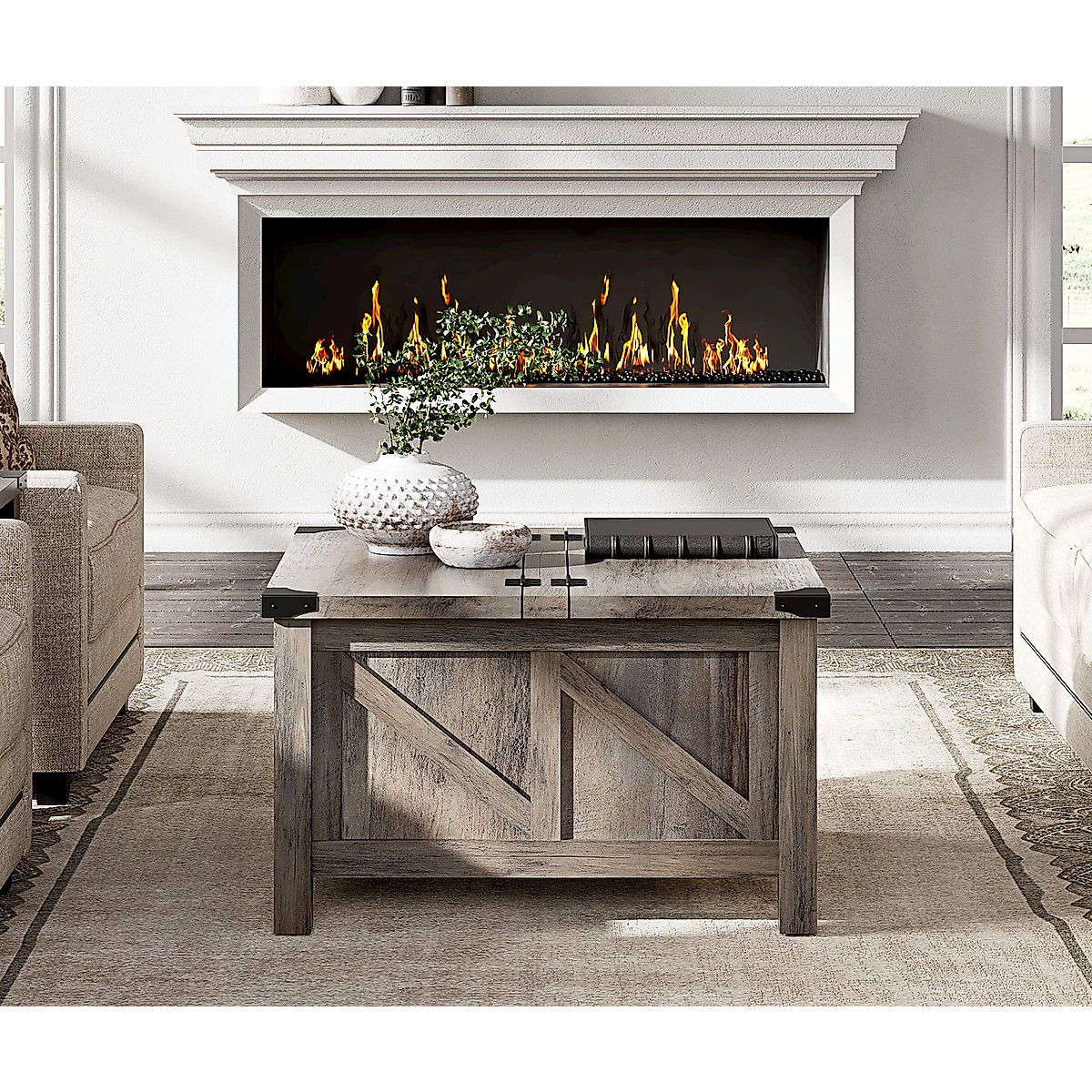 WAMPAT Farmhouse Sliding Barn Door TV Stand and Coffee Table Set of 2,Modern Storage Entertainment Center for TVs Up to 65'', Square Wood Center Table with Gas Struts Lift-Top for Living Room,Grey