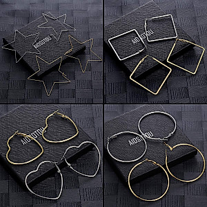AIDSOTOU 10 Pairs Geometric Big Hoop Earrings 50mm-60mm Large Stainless Steel Square Star Heart Shaped Hoop Earrings for Women (Gold Silver)