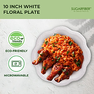 SUGARFIBER 10-inch Compostable Disposable Paper Plates, White Floral Acanthus Collection [50 COUNT]