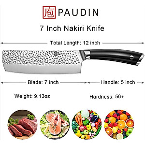 PAUDIN Nakiri Knife, High Carbon Stainless Steel Cleaver Knife 7 Inch Forged Blade, Super Sharp Edge Meat Cleaver with Ergonomic Black Full Tang ABS Handle, Vegetable Knife for Home and Kitchen