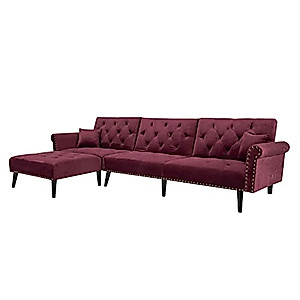 Cotoala L-Shape Convertible Sectional Sleeper Sofa with 2 Pillows, Adjustable Back, Modern Velvet Couch with Lounge Chairs, for Living Room, Office, Red