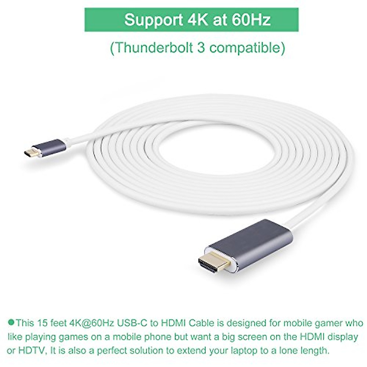 Smolink USB-C to HDMI Cable 15ft/4.5m(Thunderbolt 3 Compatible, HecToo USB-C HDMI 4K 60Hz Cable for 2017/2016 MacBook Pro, 2015 MacBook