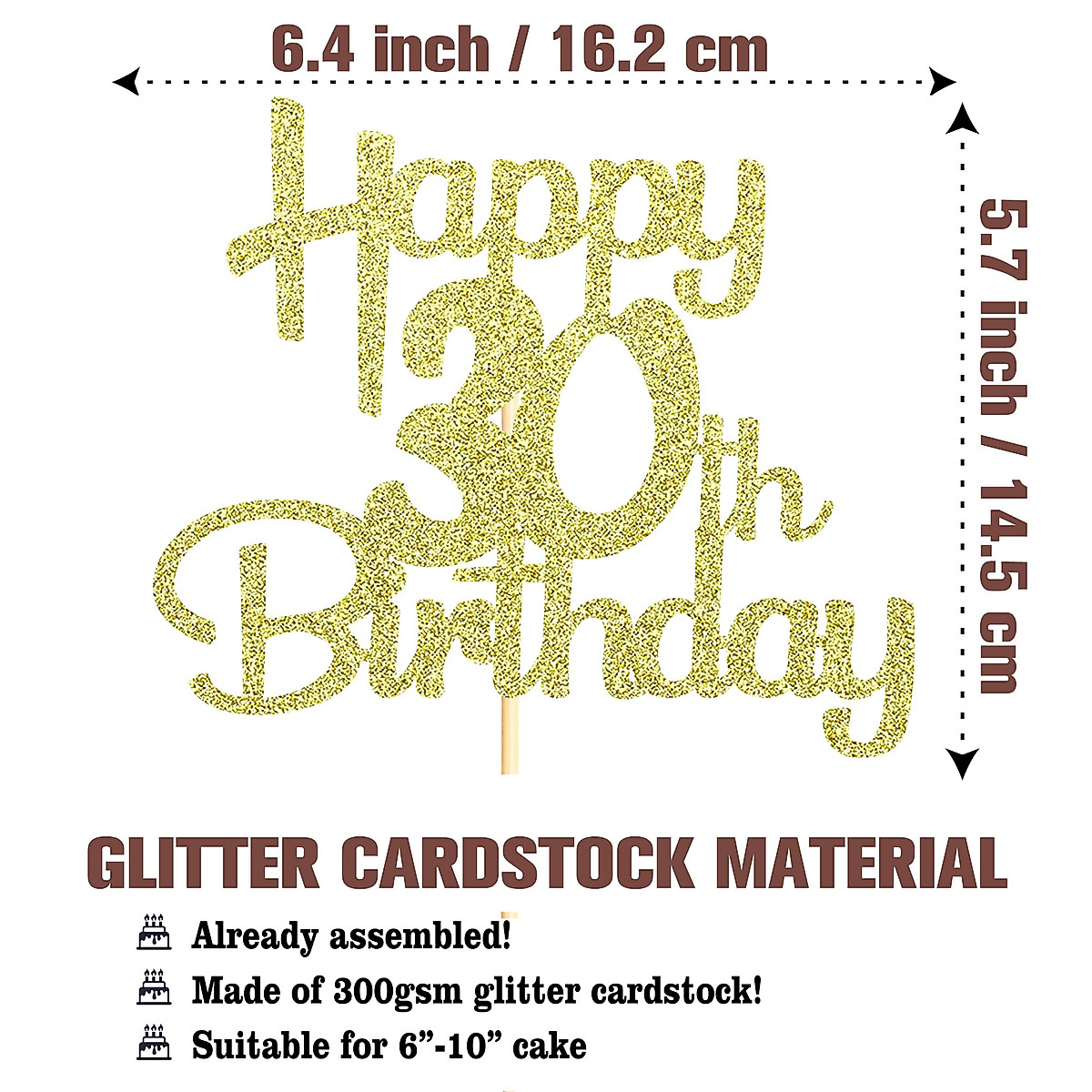 Sotpot Happy 30th Birthday Cake Topper Gold Glitter 30th Cake Toppers 30 Birthday Cake Decorations Cheers to 30 Fabulous Party Cake Picks - 1 Pack