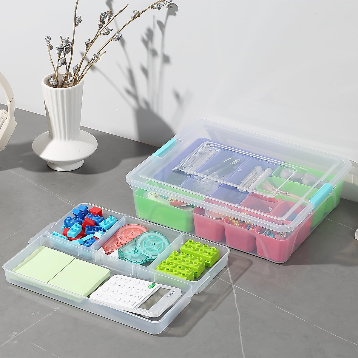 novelinks 10 QT Clear Plastic Dividing Storage Box with 11 Compartments Removable Storage Bin with Lid - Plastic Craft Storage Organizer Storage Compartment Container (1 Pack-10 QT)