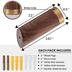 Pillarr Wooden Wall Hooks with Brass Cap and Mounting Hardware - Angled Wood Wall Hooks Set of 2 Wooden Pegs for Hanging - Decorative Hooks for Hat, Bag, Coat, Towel