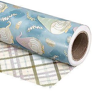WRAPAHOLIC Reversible Christmas Wrapping Paper - 30 Inch X 100 Feet Jumbo Roll Blue Gnome and Plaid Design with Metallic Foil Shine