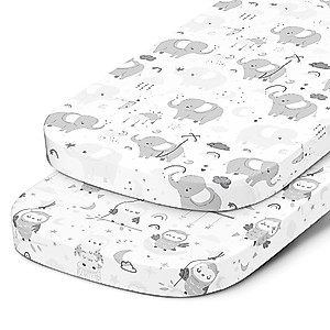 Joey + Joan Bassinet Fitted Sheets 19" x 32" for Cowiewie Bedside Sleeper Bassinet Mattress Pad – Snuggly Soft 100% Jersey Cotton – Grey Stars Elephants – 2 Pack