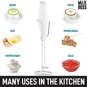 Milk Boss Powerful Milk Frother Handheld With Upgraded Holster Stand - Coffee Frother Electric Handheld Foam Maker - Milk Frother For Coffee, Lattes, Matcha & More - Electric Whisk Frother (White)