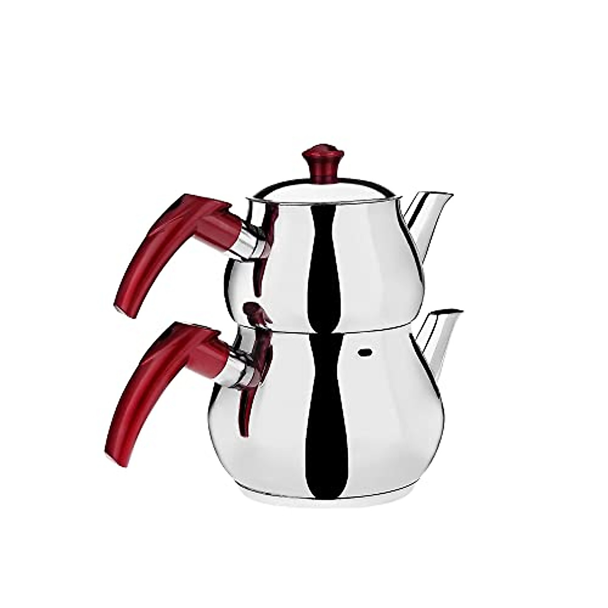 DESTALYA Turkish Teapot Set, Stainless Steel Double Tea Pots for Stove Top, Tea Maker with Strainer, Samovar Style Tea Kettle, Water Heater Warmer (Mini with Red Handles)