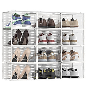 Fkprorjv 12 Pack Large Shoe Storage Box Organizer for Closet, Versatile Clear Plastic Stackable Sneaker Shoe Rack Containers Bins Holders, Portable Closet Organizers and Storage, White