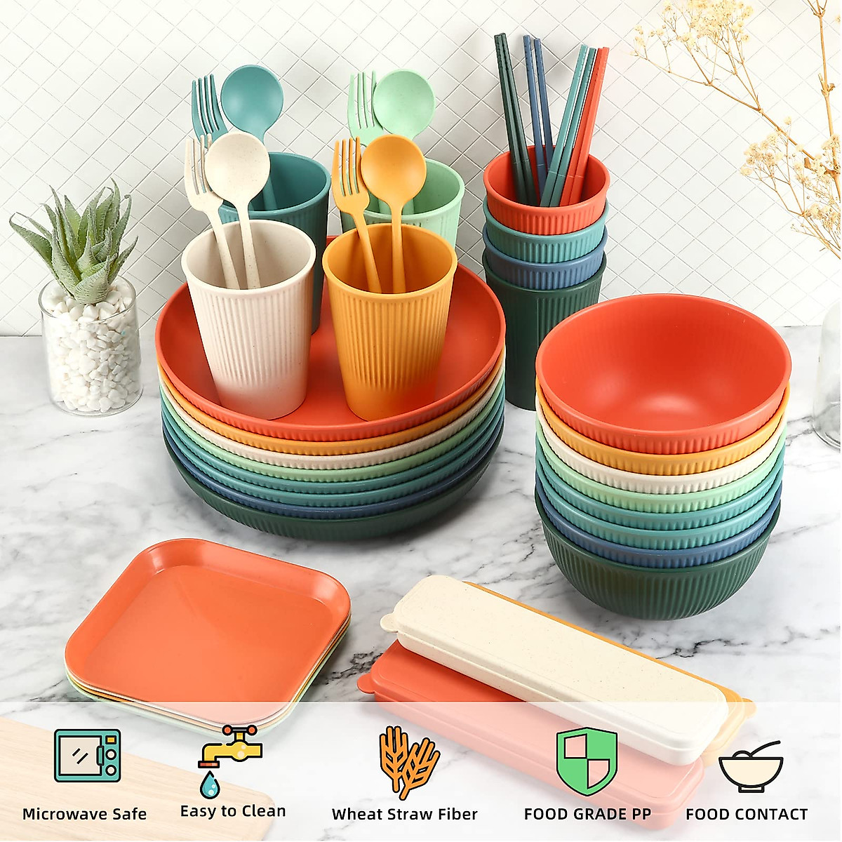 Sets of 8 Wheat Straw Dinnerware (64 Pcs) Microwave Safe Unbreakable Plates Bowls Cups Sets with Cutlery Utensils Colored Lightweight Plastic Dinnerware for Kids Adults Camping Picnic Dorm RV Kitchen