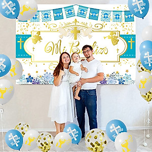 Mi Bautizo Decorations - Mi Bautizo Decorations for Boys with Baptism Backdrop Mi Bautizo Balloon Garland Kit First Communion Holy Christening Decoration God Bless Baby Shower Party Supplies