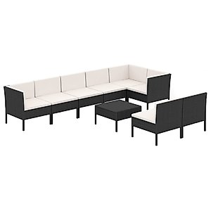 vidaXL 9 Piece Poly Rattan Patio Lounge Set with Cushions - Versatile, Weather Resistant Outdoor Furniture Set in Black with Cream White Cushions