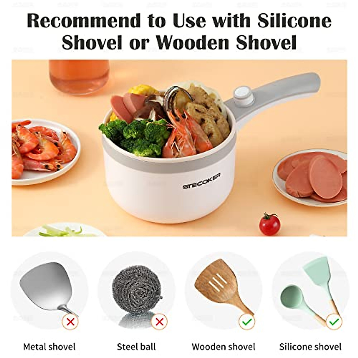 STECOKER Electric Hot Pot with Steamer (1.5LS), 1.5L Instant Pot, Ramen Cooker,110V 600W White