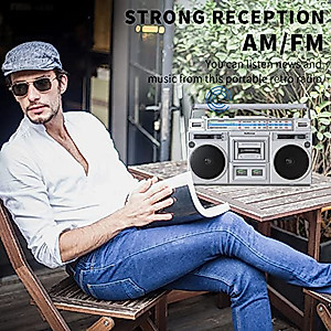 Retro Boombox Cassette Player AM/FM Shortwave Radio, Portable Cassette Tape Player Recorder, Wireless Streaming, USB/Micro SD Slots Guitar/Aux in, Convert Cassettes to USB Classic 80s Style (Silver-S)